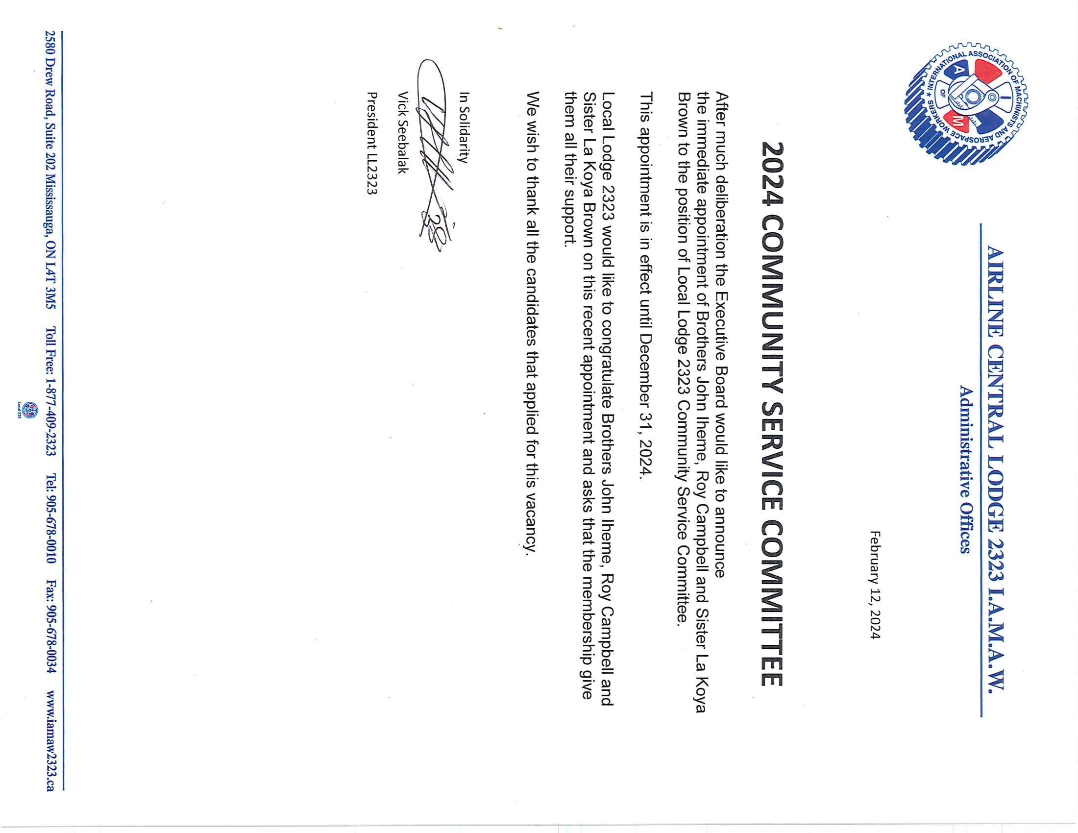 2024 COMMUNITY SERVICE COMMITTEE | IAMAW Local 2323