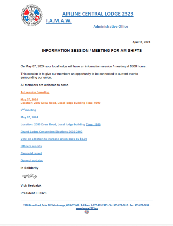 INFORMATION SESSION / MEETING FOR AM SHIFTS | IAMAW Local 2323