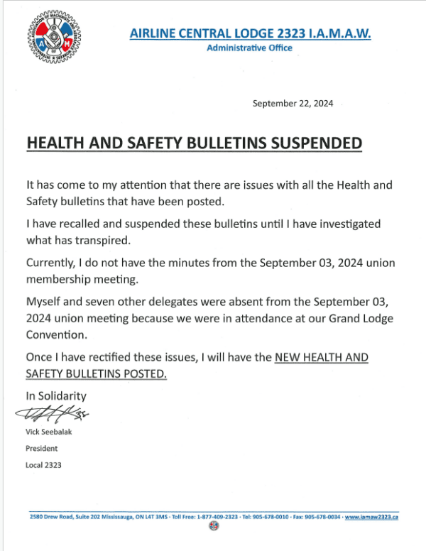 HEALTH AND SAFETY BULLETINS SUSPENDED | IAM Union - Local 2323