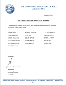 NEW UNION CARDS FOR CABINS (CEQ) MEMBERS OCT 2024 | IAMAW Local 2323