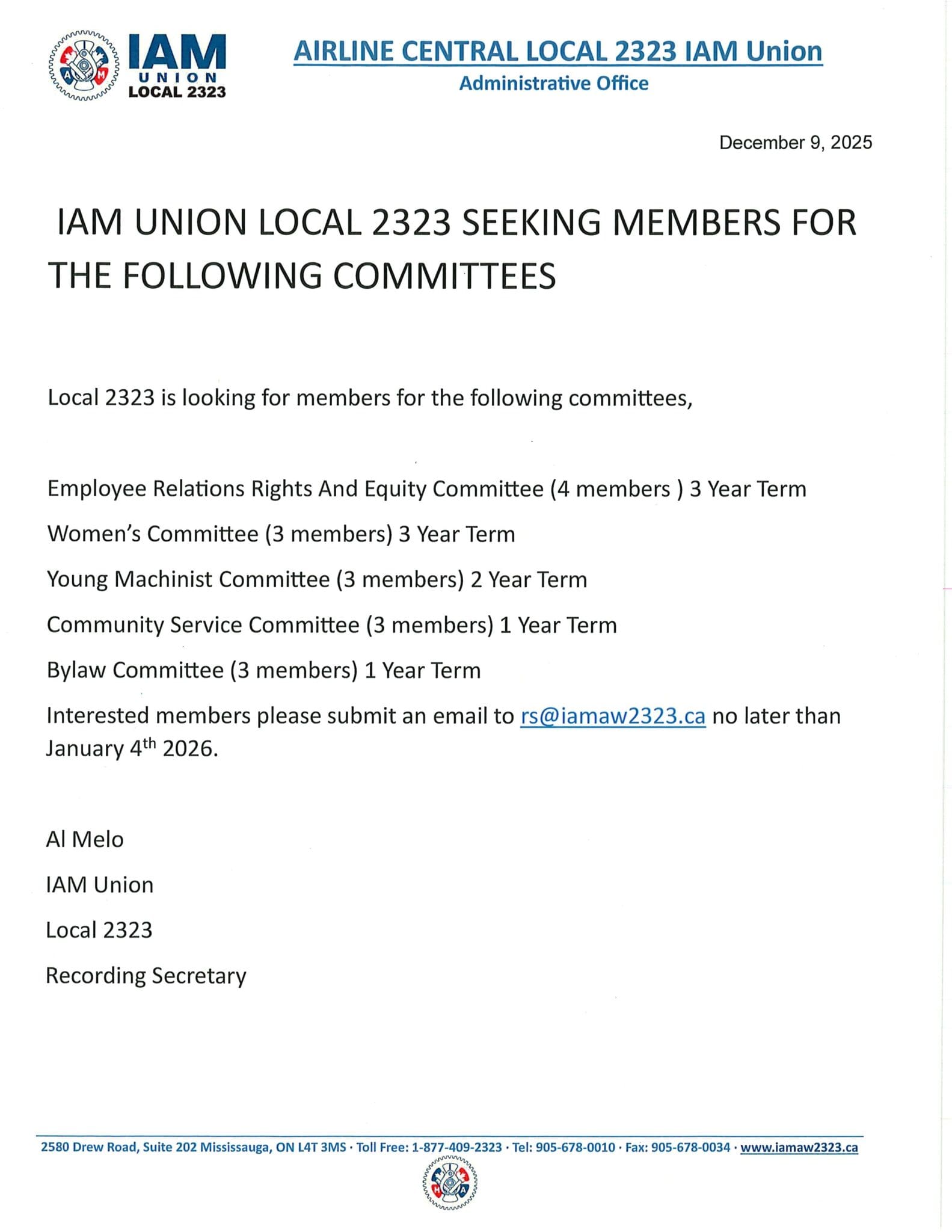 Call for Members – Local 2323 Committees | IAM Union - Local 2323