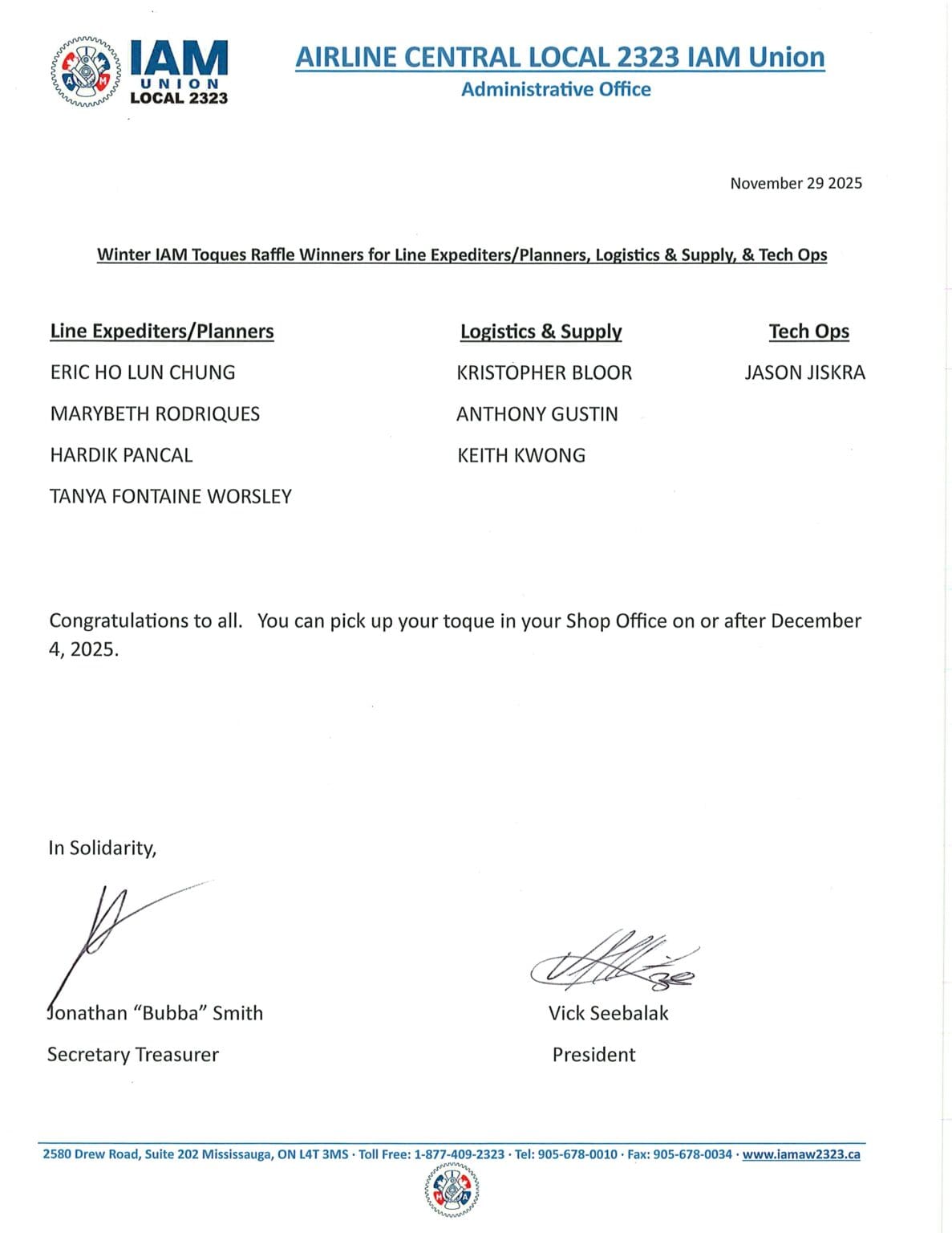 Winter IAM UNION Toque Raffle Winners – December 2025 | IAM Union ...