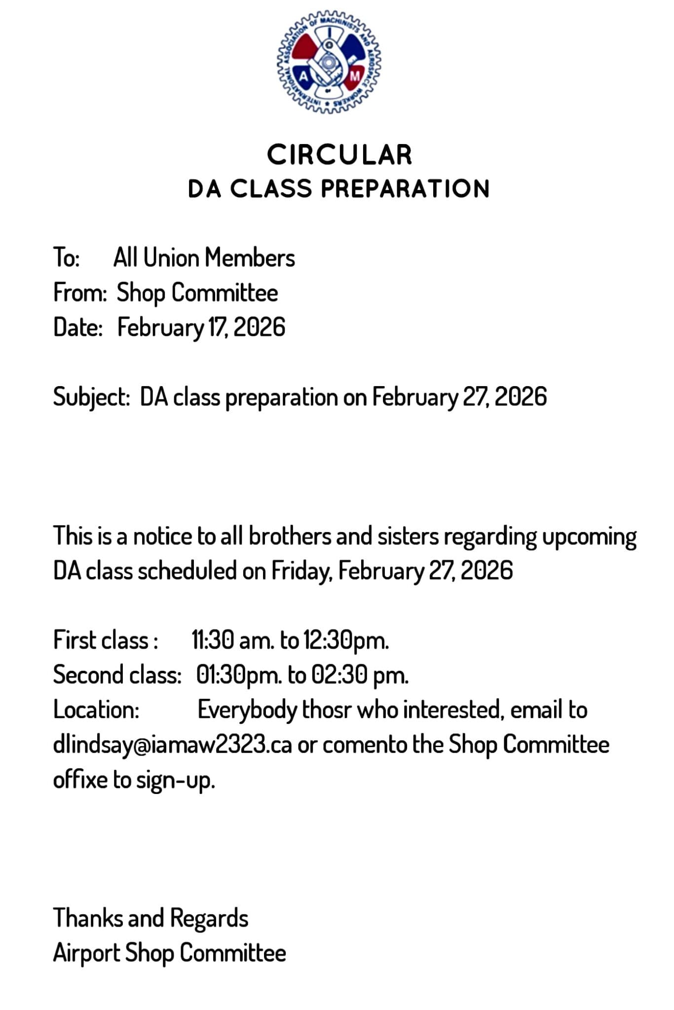 DA Class Preparation on February 27, 2026 | IAM Union - Local 2323