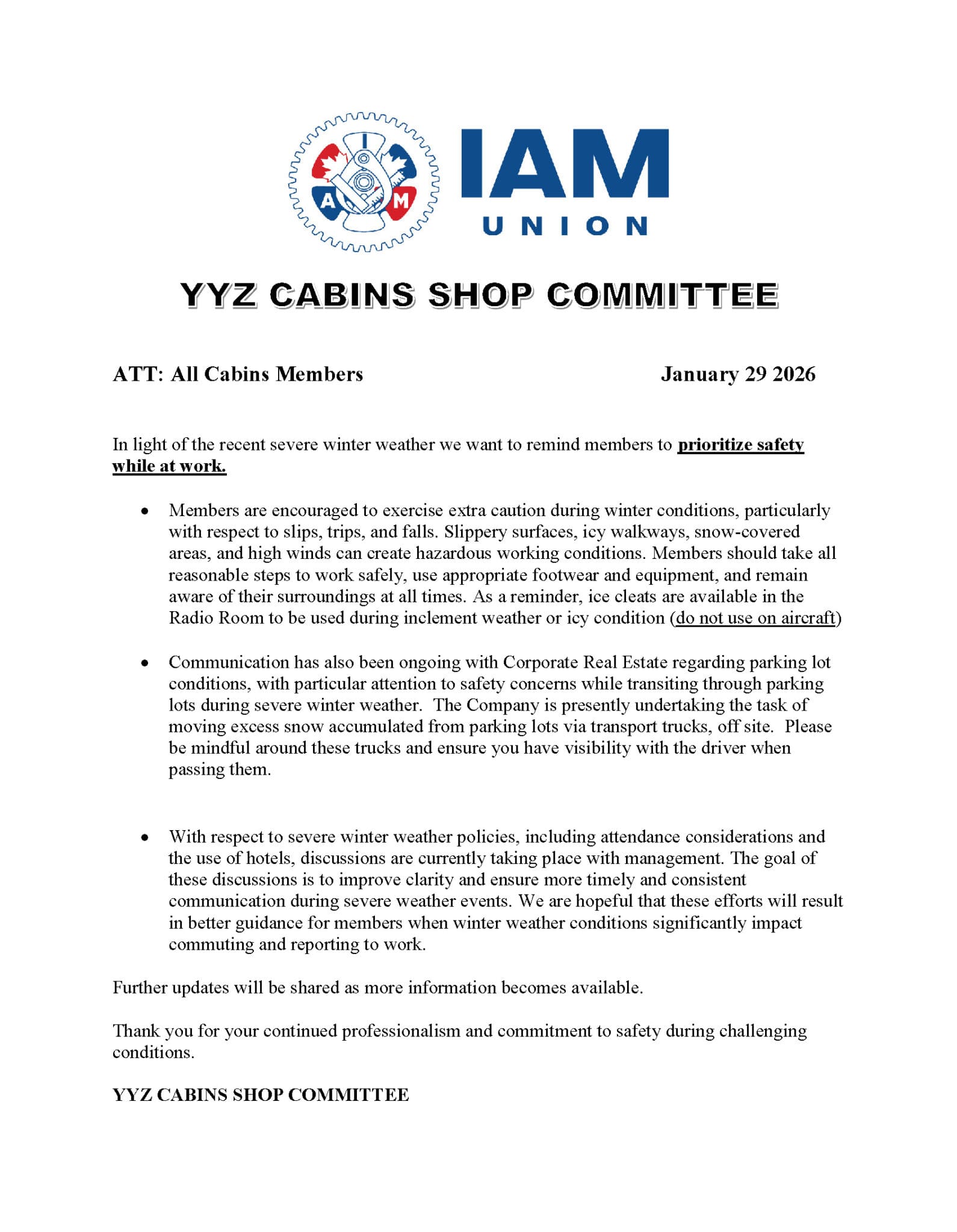 YYZ CABINS SHOP COMMITTEE – WINTER WEATHER SAFETY REMINDER | IAM Union ...